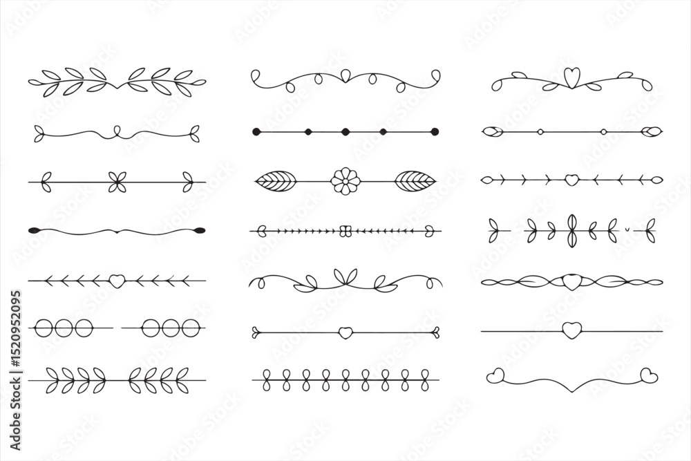 Thin Line Dividers Set with Flowers, Hearts, Leaves, and Arrows ...