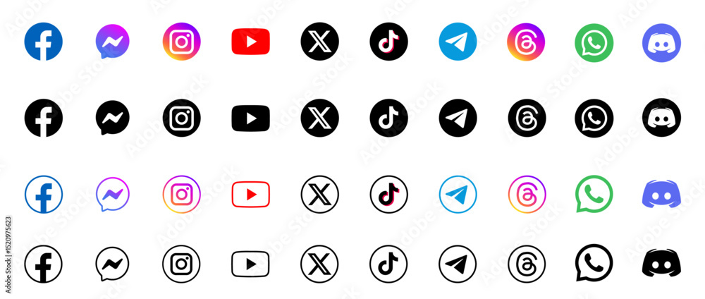 Social media icon set or social network logos. Containing facebook, instagram, threads, x ...