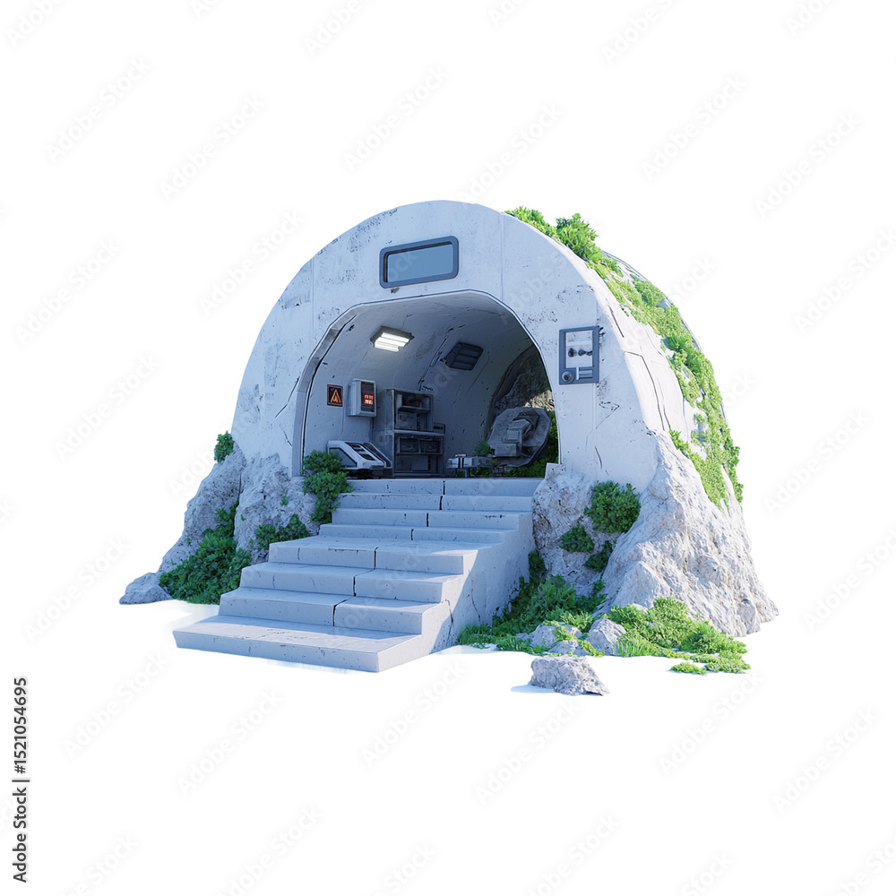 Futuristic concrete arched bunker or shelter with interior lighting and ...