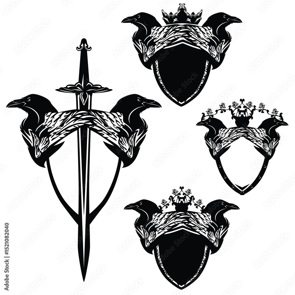 two raven birds head and wing with heraldic shield, king crown, knight ...