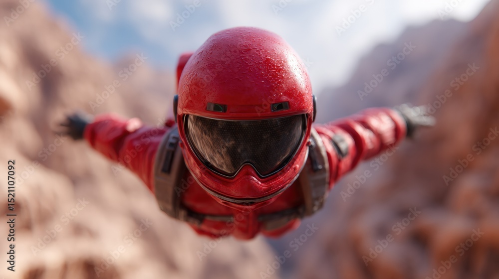 Skydiver soars through the air, wearing a red suit and helmet ...