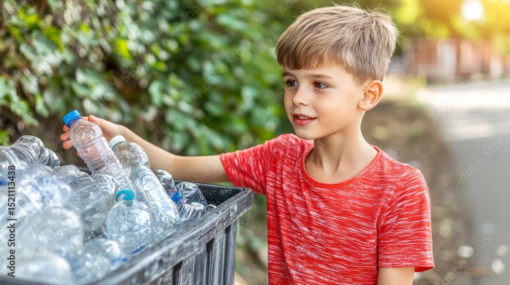 Child throwing plastic bottle into color-coded recycling bin in urban ...