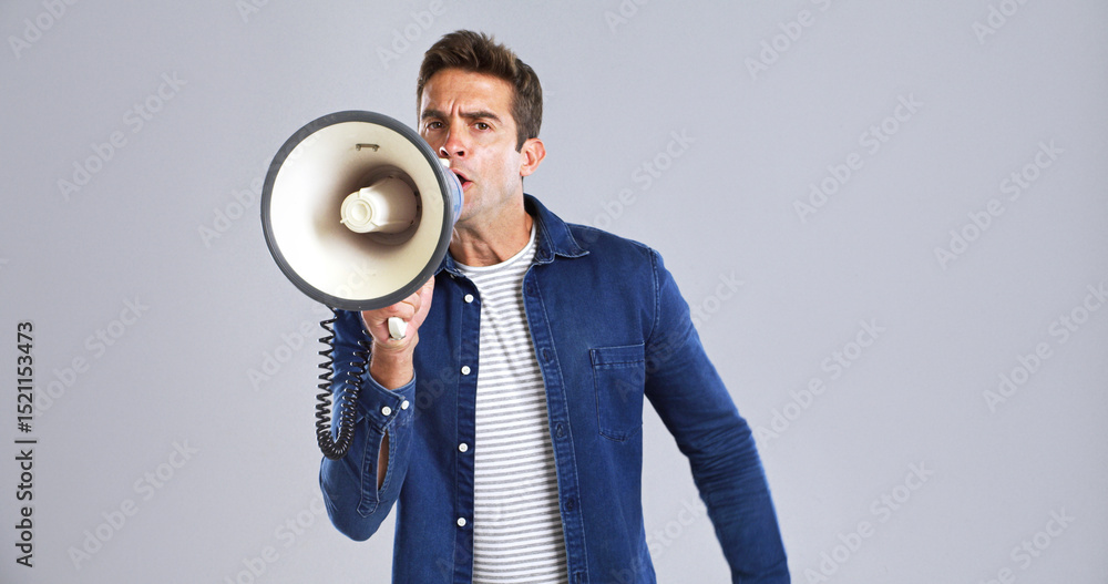 Portrait, bullhorn and man in studio, shouting or angry with protest on ...