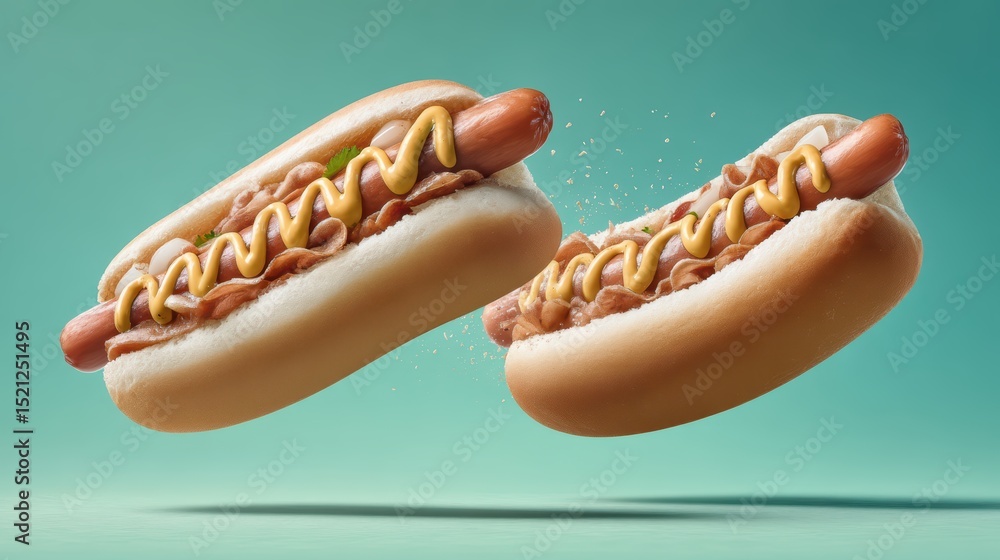 twin hot dog cut in half flying over soft mint background, perfect ...