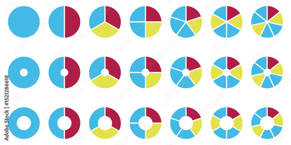 Pie charts diagrams. Pie chart infographic set. Different color circles. donut and pie chart ...