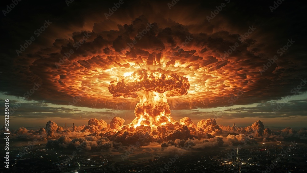 Hyper-realistic digital art of a fiery nuclear explosion with a massive ...