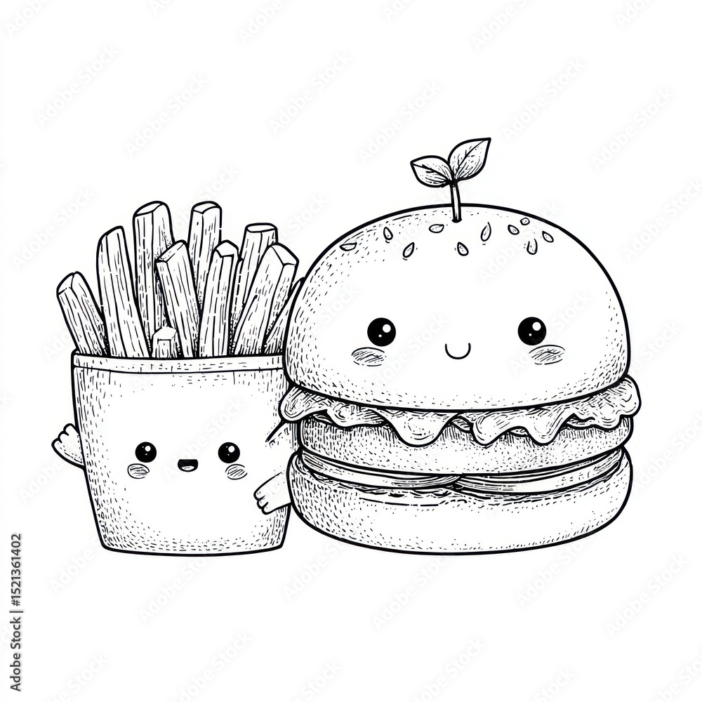 Adorable Kawaii-Style Fast Food Coloring Page Featuring a Hamburger and ...