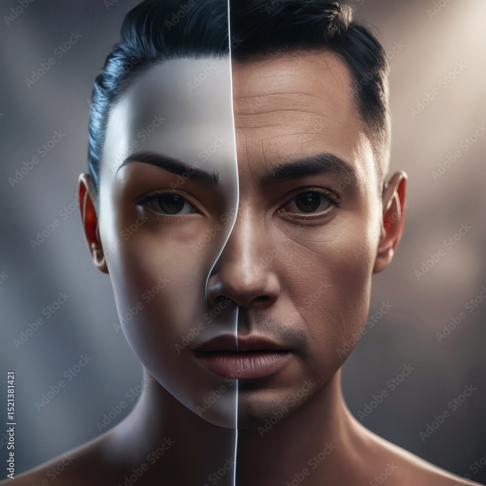 plit face portrait of a person half real and half AI-generated ...