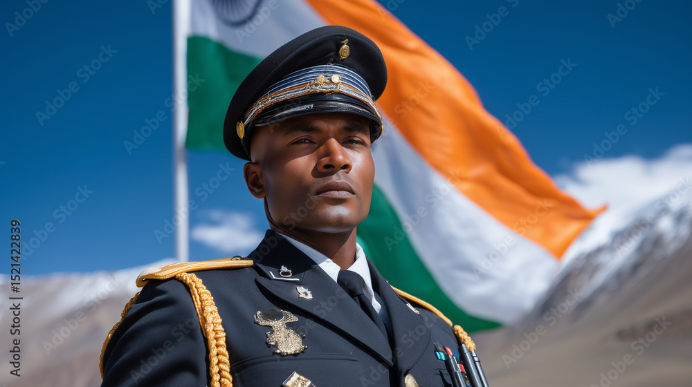 Indian military personnel in full ceremonial uniform holding machine ...