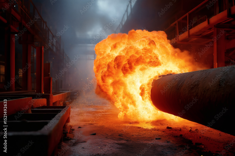 Explosion from pipe with intense heat, industrial setting, hazardous ...