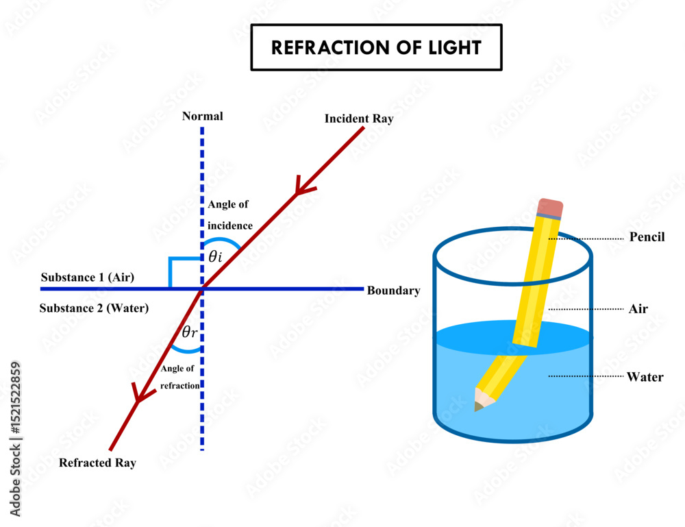 Effect of refraction of light diagram.Pencil in a glass of water.Science or physics experiment ...
