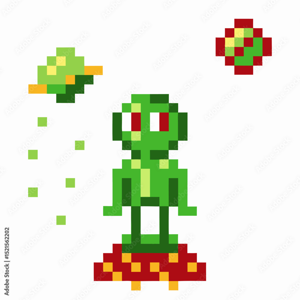 pixel art alien with ufo and planet retro arcade game style, green ...