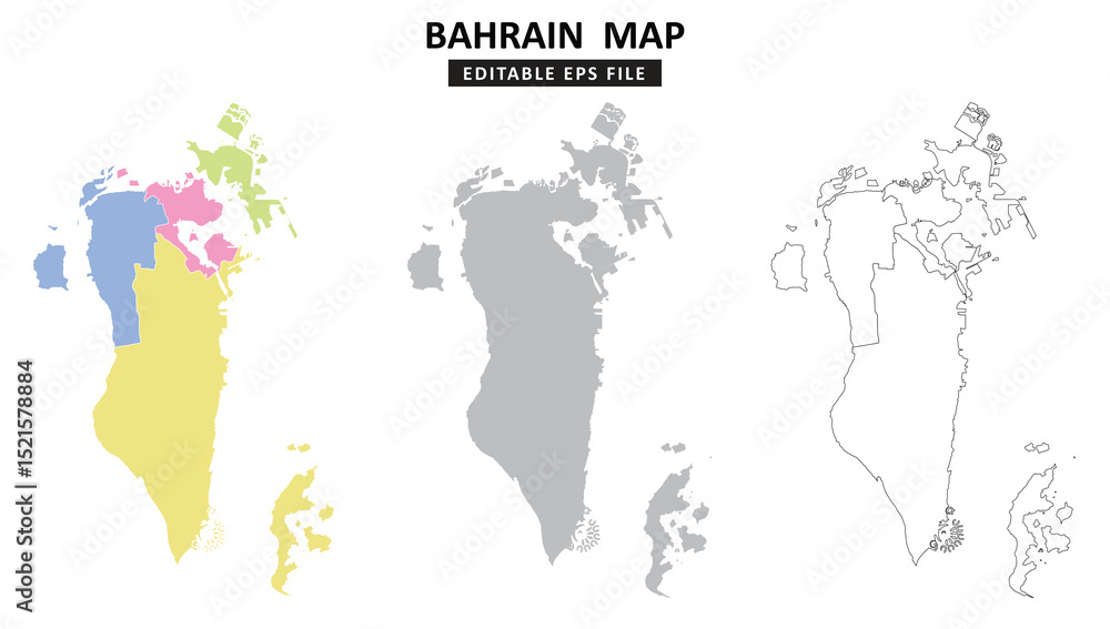 Bahrain map variations are colour coded by regions, solid grey ...