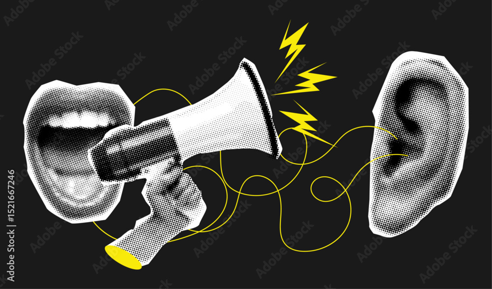 Female mouth screams in ear with halftone effect,halftone megaphone in ...