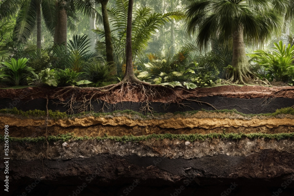 Tropical rainforest soil cross-section showing layers, tree roots, and ...
