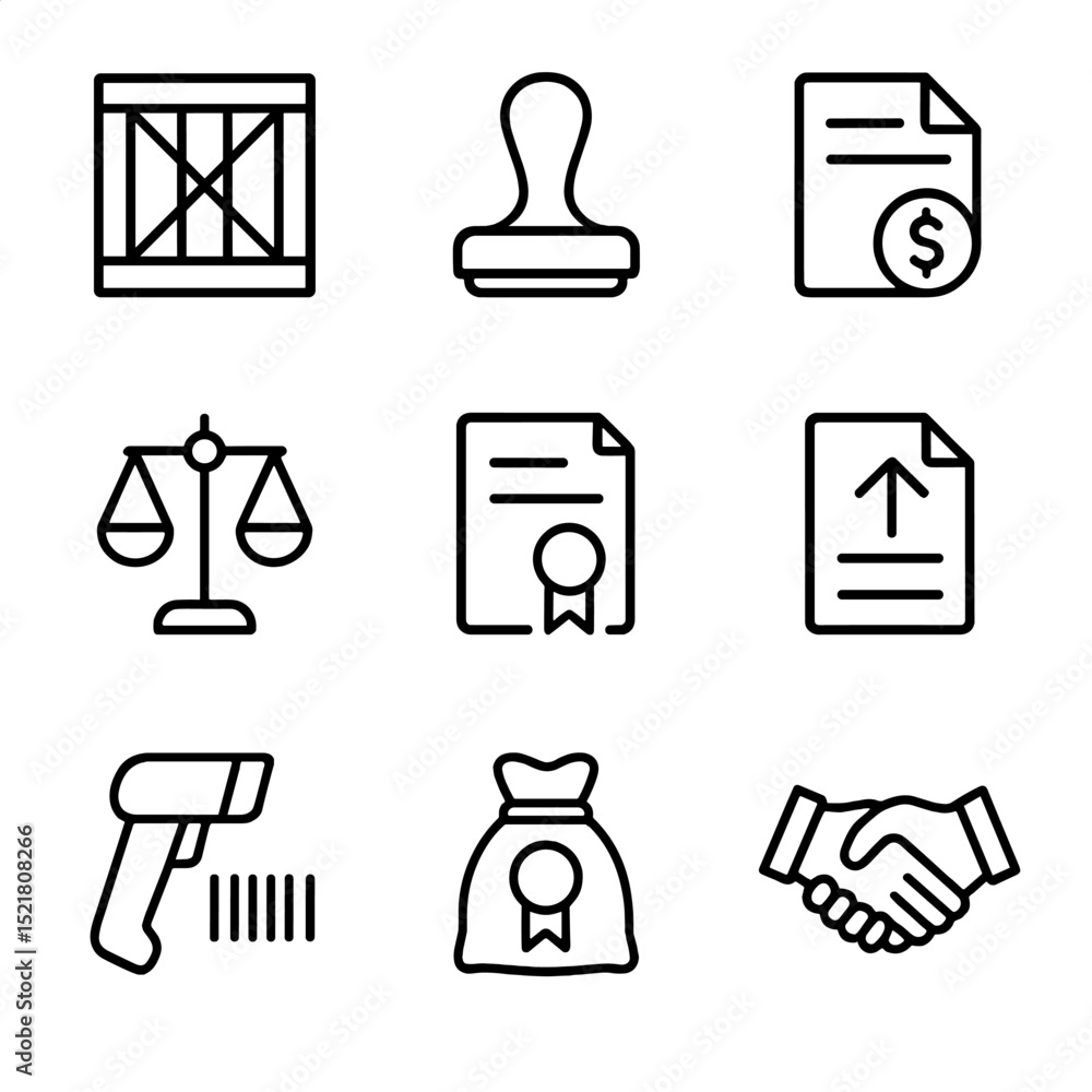 Customs Trade Icons. Outline icon set of customs and trade agreements ...