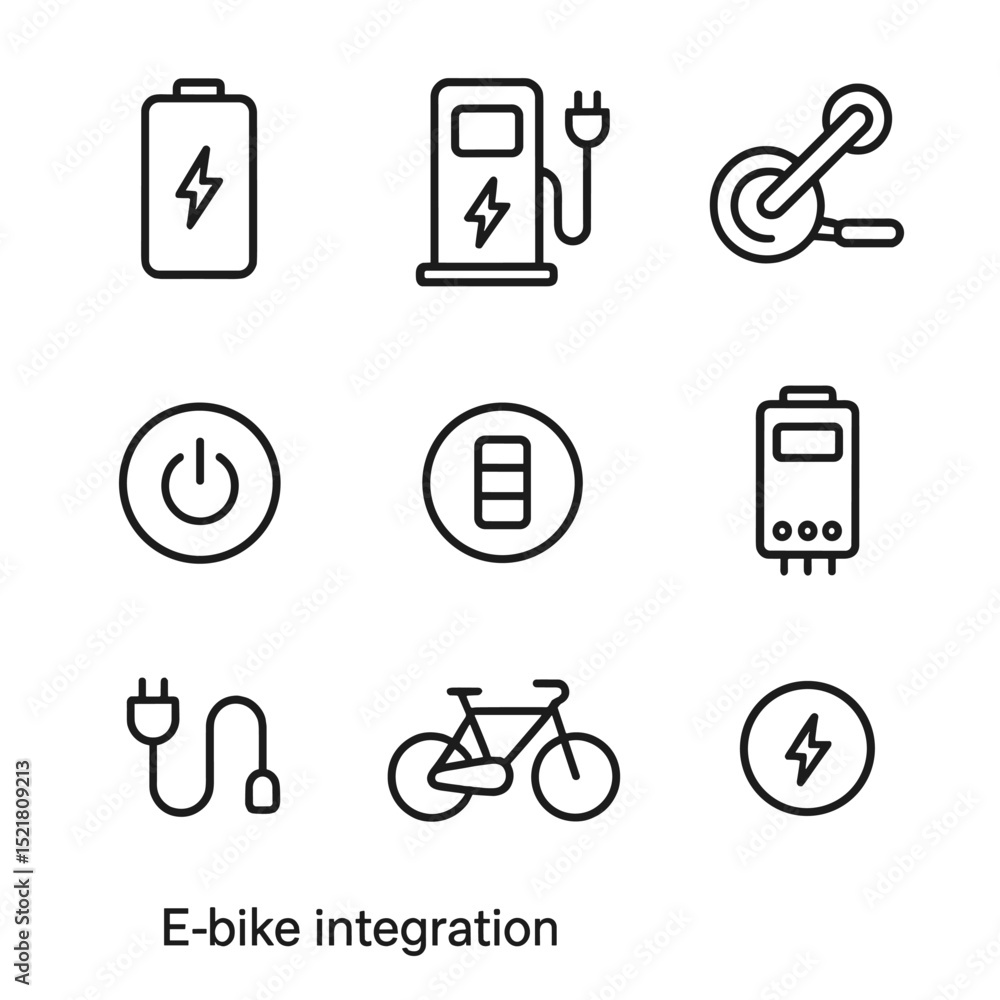 Vector de Stock E-Bike Icon Set. Outline icon set of e-bike integration ...