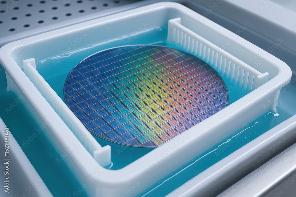 Semiconductor wafer in liquid bath for production process in industry ...