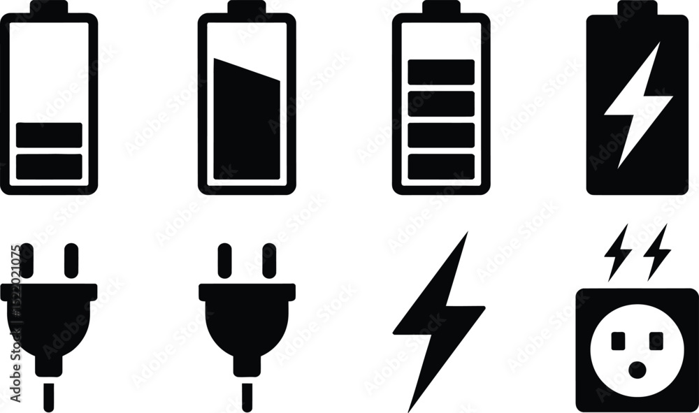 Collection of simplified black and white battery icons and electrical ...