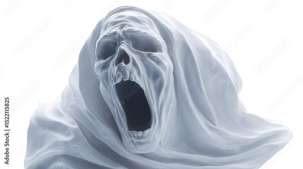A ghostly figure with a skull like face and open mouth draped in a ...