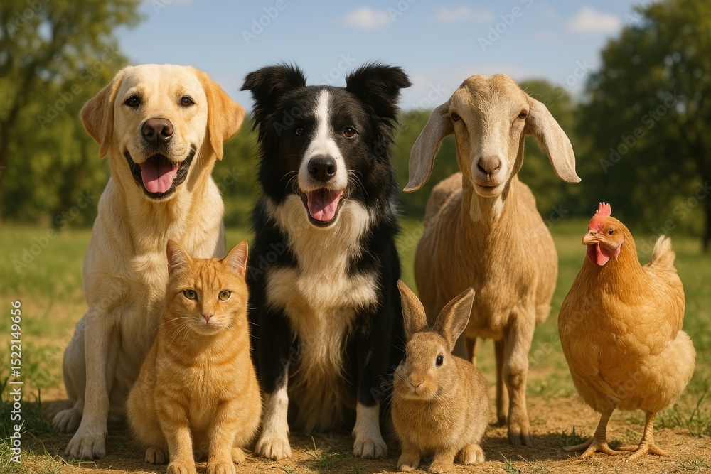 Diverse animals together outdoors. Stock Photo | Adobe Stock