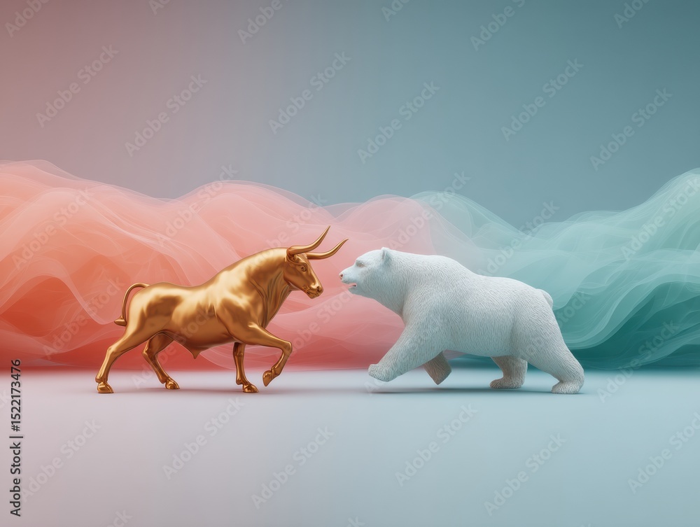 Metallic Bull and Bear Statues in Combat with Digital Trading Chart ...