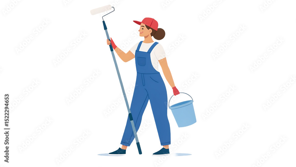 Female painter with roller and bucket isolated on transparent ...