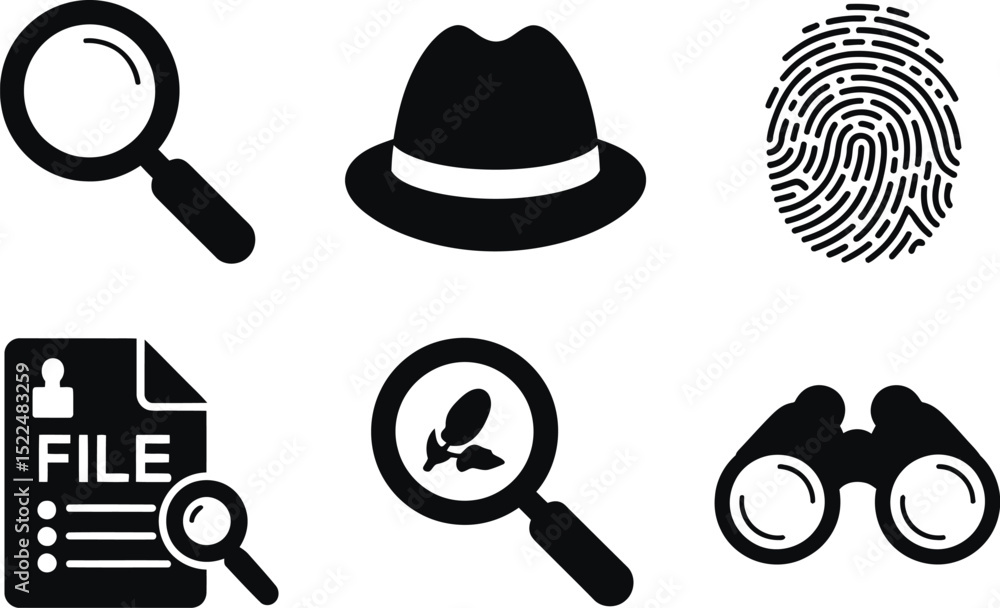 Detective investigation elements: magnifying glass, fingerprint, hat ...