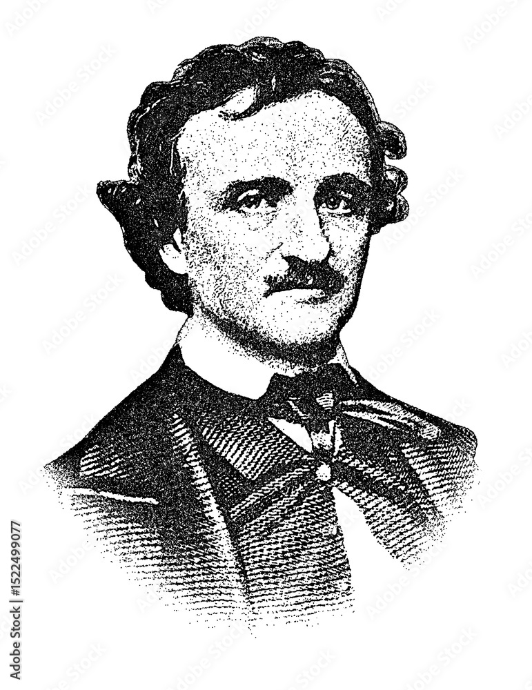 Portrait of American writer Edgar Allan Poe in vintage stipple ...