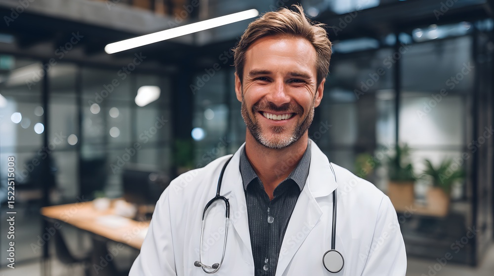 Friendly Doctor in White Coat Welcomes You with a Smile in Modern ...