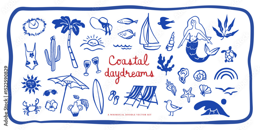 Vetor Coastal daydreams whimsical beach doodle vector set hand-drawn ...