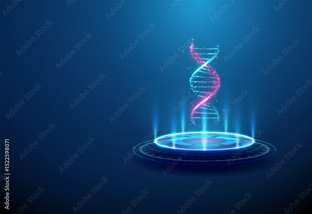 DNA on futuristic podium. Genetic research, biotechnology, molecular ...