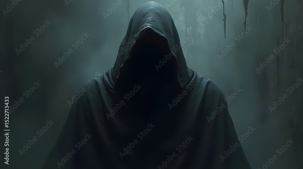 Dark hooded figure in shadow. Mysterious, ominous concept. Use for ...