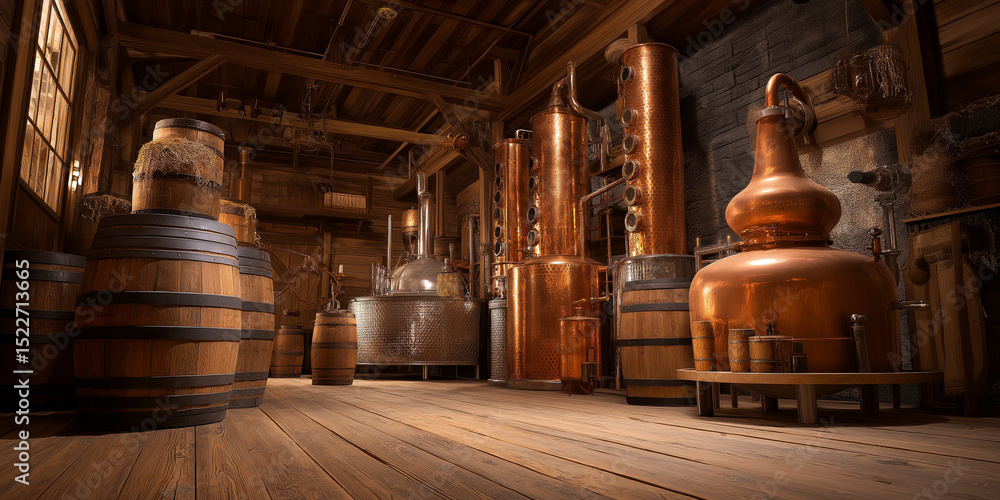 Artisan distillery interior in a wide frame showing copper stills, oak ...