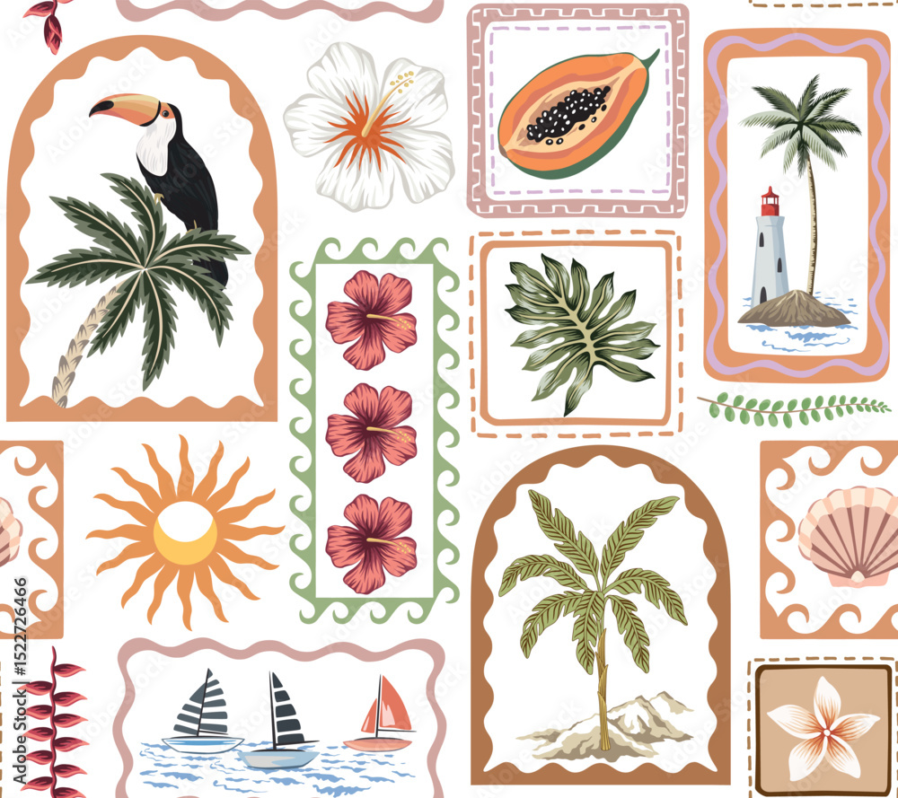 Palms, toucan, lighthouse, marine boat, wave, island, hibiscus flower ...