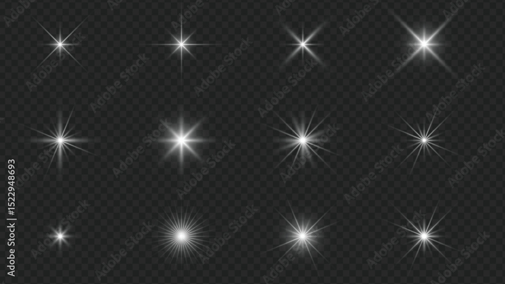 Realistic star light effect set with glow sparkle and burst elements ...