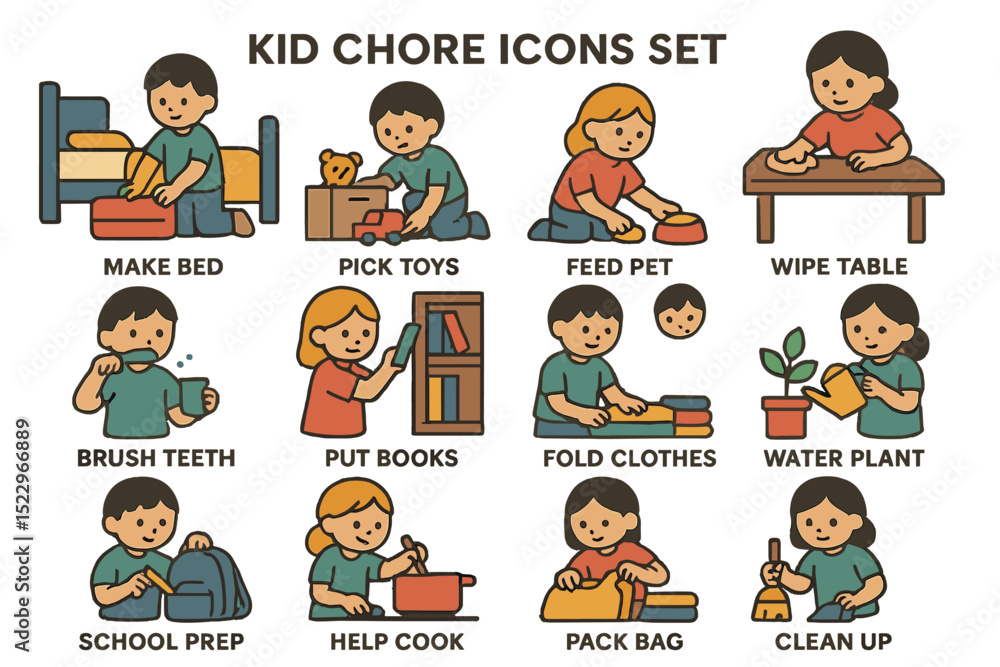 Kid chore icons set: simple tasks for children in daily routine ...