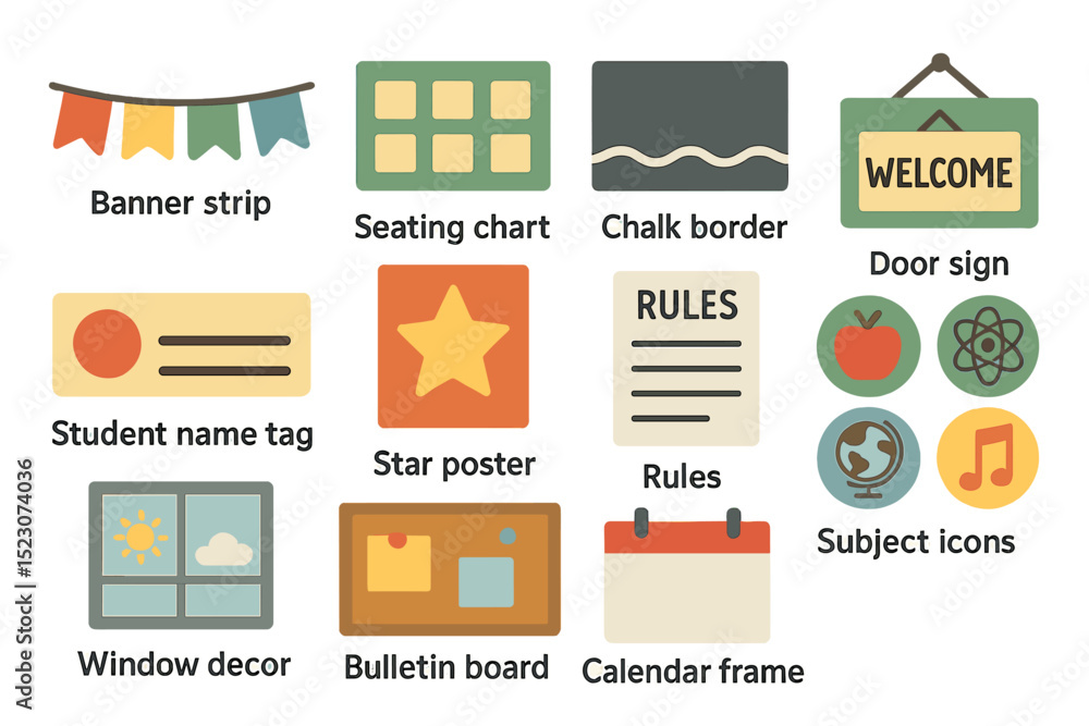Classroom decor elements with educational icons and labels for learning ...