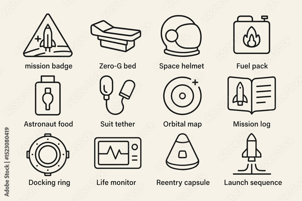 Astronaut mission icons: badge, helmet, bed, fuel, food, tether, map ...