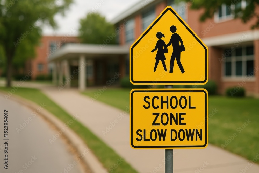 "School Zone Slow Down" Caution Yellow Sign for Drivers Urban ...