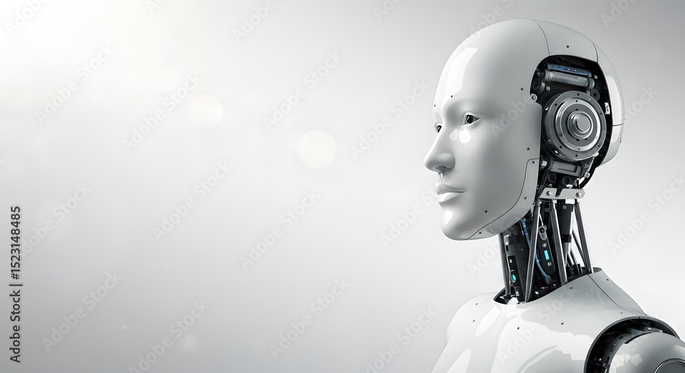 A full side profile of a realistic humanoid robot facing left, standing ...