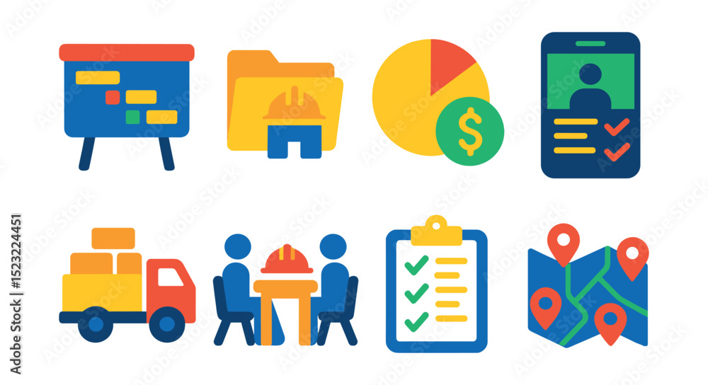 Flat vector icons of construction management and logistics: project ...
