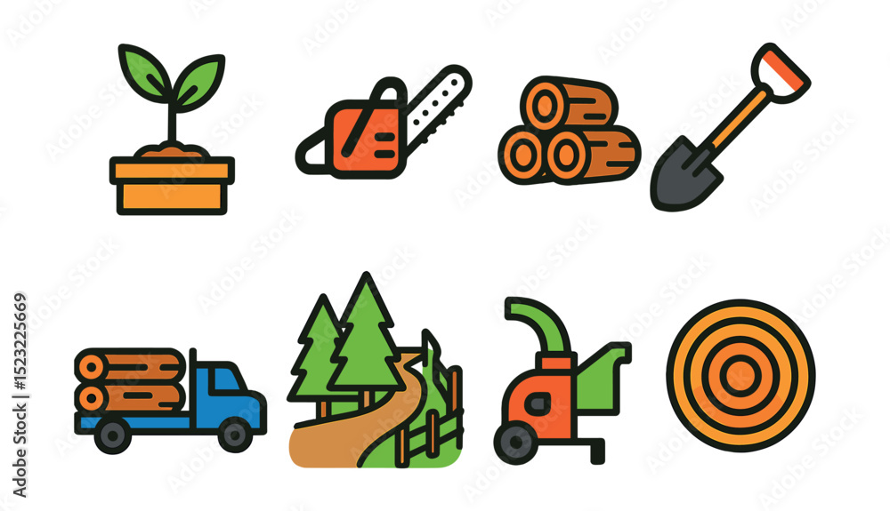 Stockvektorbilden Flat vector icons of forestry and tree farming: tree ...