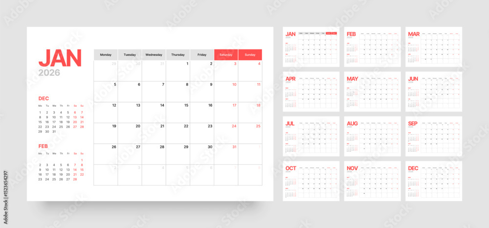 Monthly calendar layout for 2026 year. Diary planner for 2026 year ...