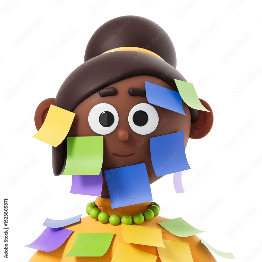 Cartoon woman covered in colorful sticky notes for reminder or task ...