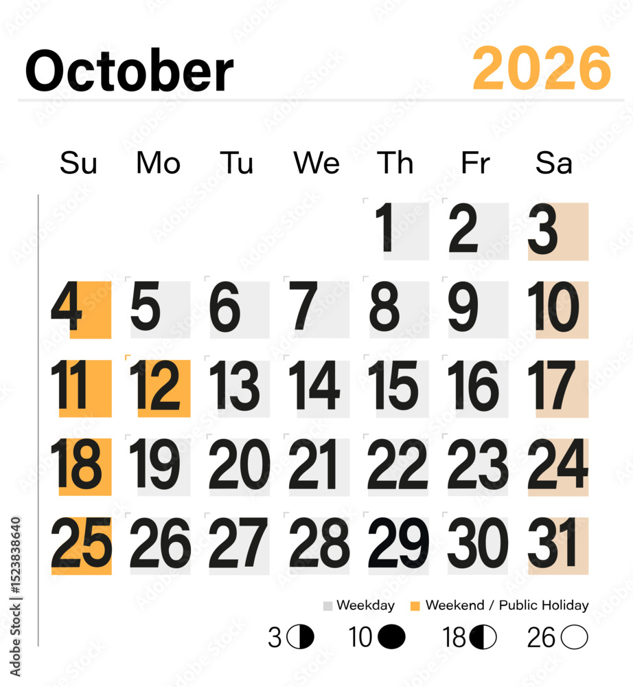 Minimalist vector calendar for October 2026 with color-coded weekdays ...