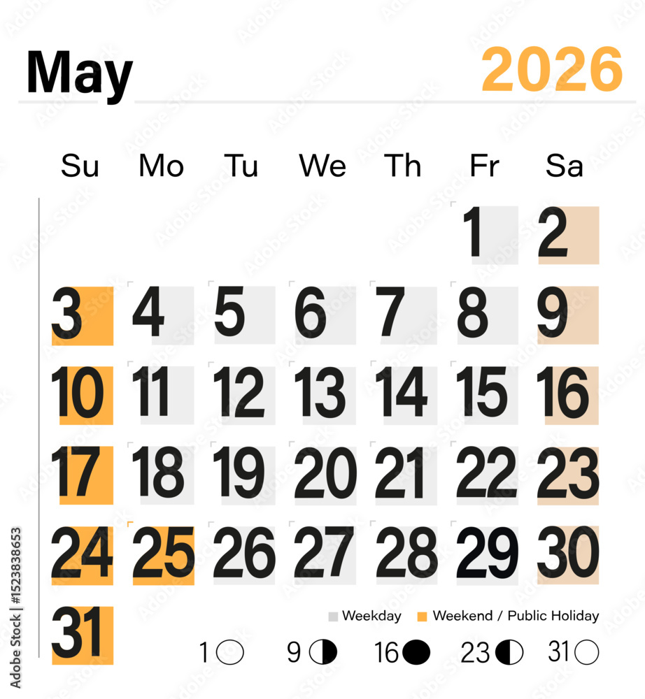 Minimalist vector calendar for May 2026 with color-coded weekdays ...