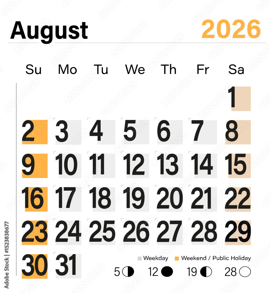 Minimalist vector calendar for August 2026 with color-coded weekdays ...
