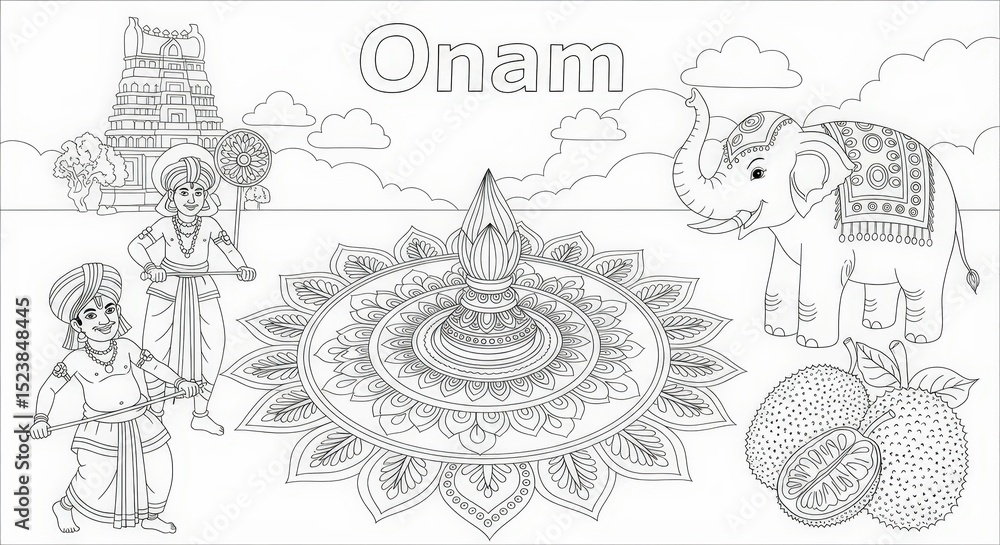 Coloring page depicting traditional Kerala symbols and figures during ...