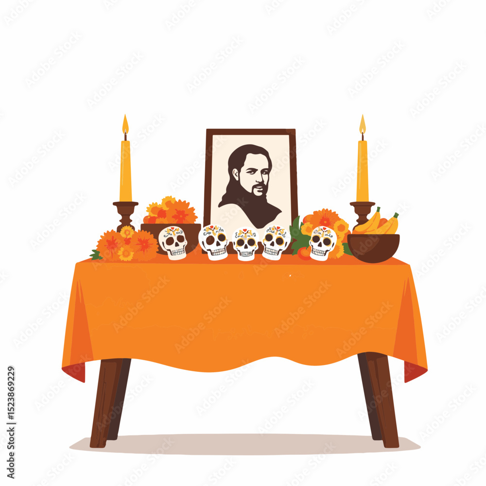 Traditional Ofrenda Altar with sugar skulls and marigold flowers ...